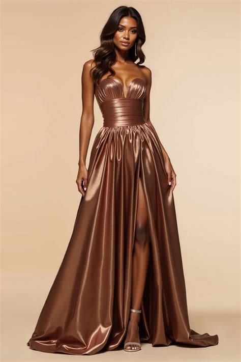 Zapakasa Women Corset Brown A Line Sweetheart Prom Dress With Slit