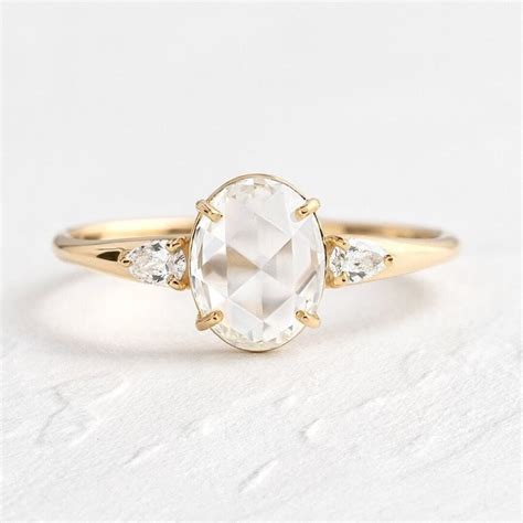 10x8mm Rose Cut Oval White Moissanite Three Stone Solitaire Engagement