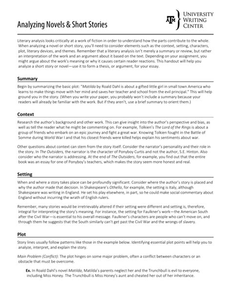 Analyzing Novels And Short Stories A Guide