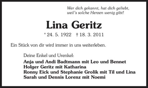 Traueranzeigen Von Lina Geritz Trauerundgedenken De