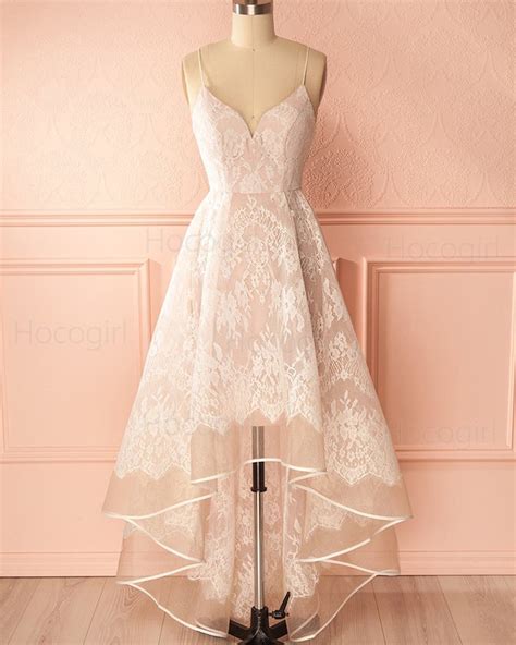 Shop High Low Champagne Spaghetti Straps Lace Prom Dress From
