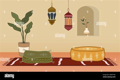 Moroccan Arab Or Indian Interior Design With Cushions And Lantern