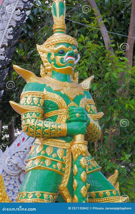 Green Giant Statue Standing At The Entrance Of Ang Hin Temple Cha Am