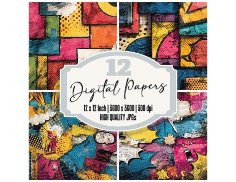 12x Comic Book Torn Collage Junk Journal Paper Digital Paper Pack