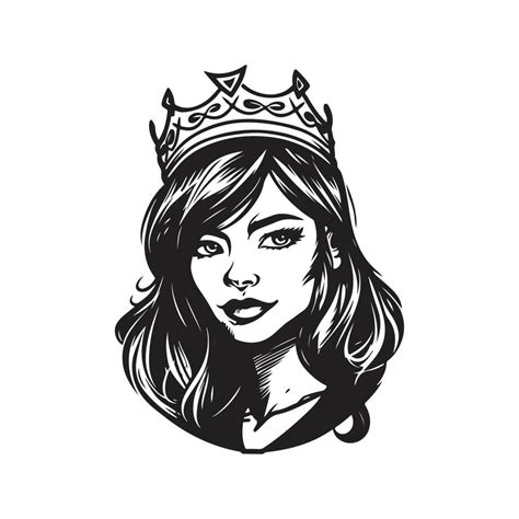 Beautiful Girl Wearing Crown Logo Concept Black And White Color Hand