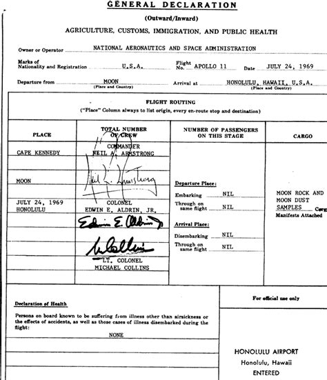 Trip To Moon Required Apollo 11 Crew To Sign Us Customs Declaration To Enter The Country