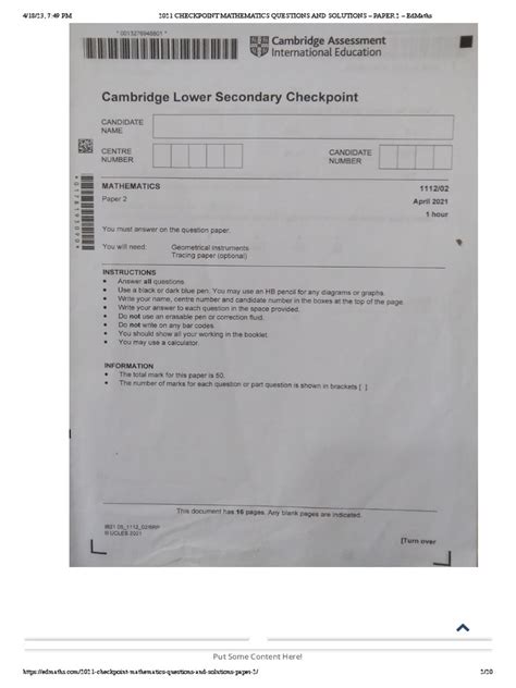 2021 Checkpoint Mathematics Questions And Solutions Paper 2 Edmaths