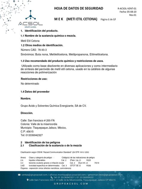 Hoja De Seguridad Metil Etil Cetona Pdf Combustión Agua