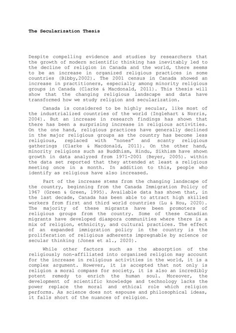 Secularization Thesis Cour The Secularization Thesis Despite