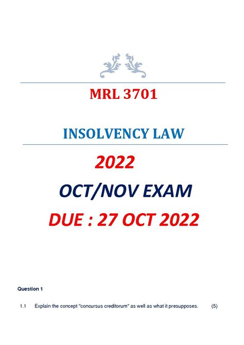 Mrl3701 2022 October Exam Due 27 Oct 2022 Insolvency Law 2022