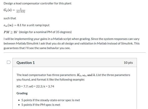Solved Design A Lead Compensator Controller For This Plant