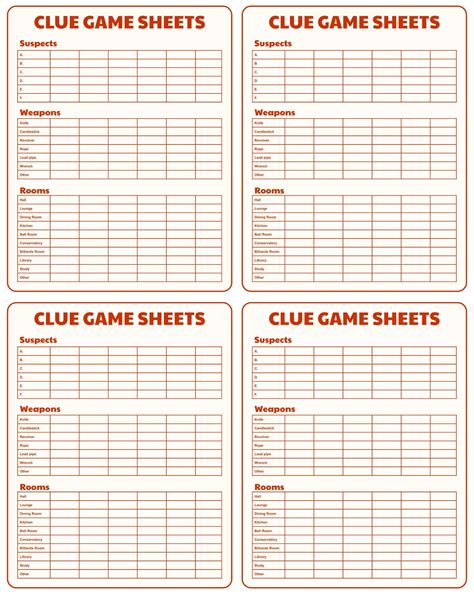 Clue Game Sheets Printable Clue Games Printable Board Games