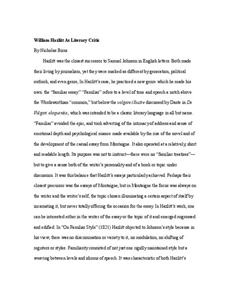 Doc William Hazlitt As Literary Critic