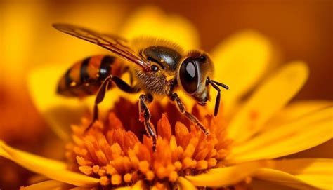 Premium Ai Image Busy Honey Bee Collecting Pollen From Yellow Flower
