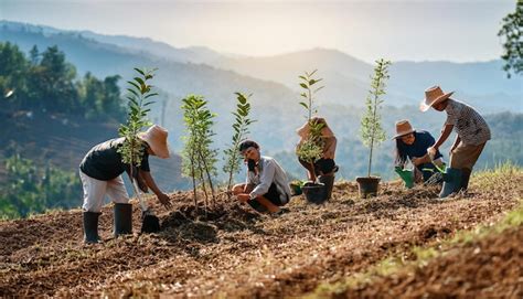 Villagers Planting Young Trees On Hillside As Part Of Reforestation