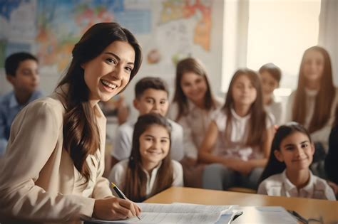 Uma Professora Gentil E Sorridente Está Ensinando Os Alunos Na Sala De