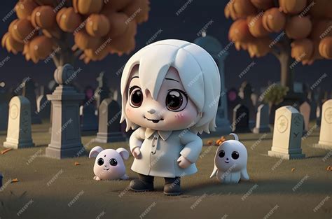 Premium Photo 3d Render Ghost As A Cute Chibi Figure In A Graveyard For Halloween