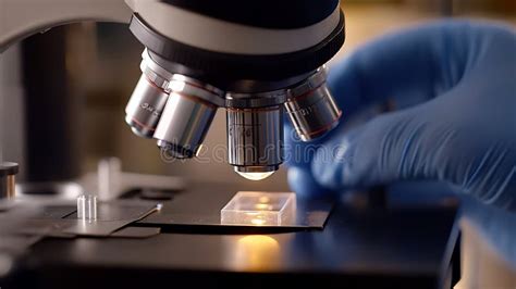 Close Up Of Microscope With Slide Preparation Signifying Scientific