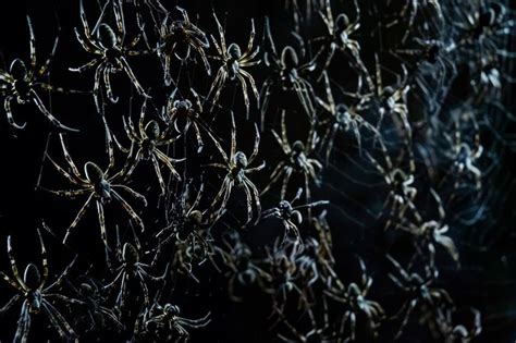 Cluster Of Spiders On Web In Silhouette Premium Ai Generated Image