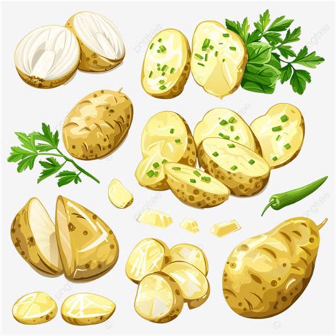 Conjunto De Vegetales Enteros Y Picados De Papa Cruda Madura Png Dibujos Verdura Alimento