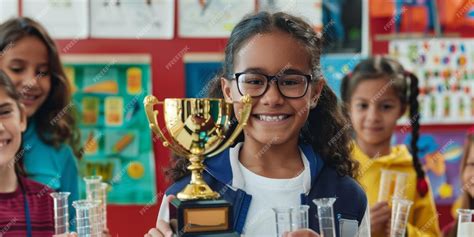 Premium Photo Smiling Girl Holding Trophy In School Classroom With