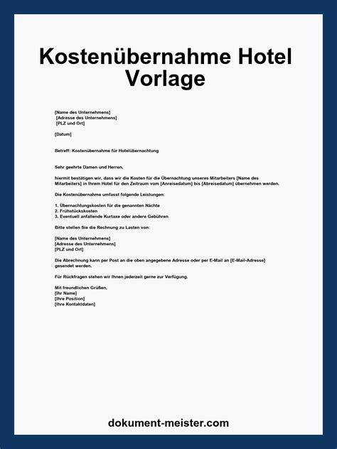 Kostenübernahme Hotel Vorlage Word