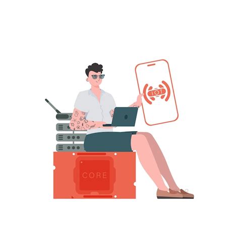 Premium Vector The Guy Is Holding A Phone With The Iot Logo In His