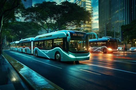 Premium Ai Image Electric Buses Move Along A Busy City Street With