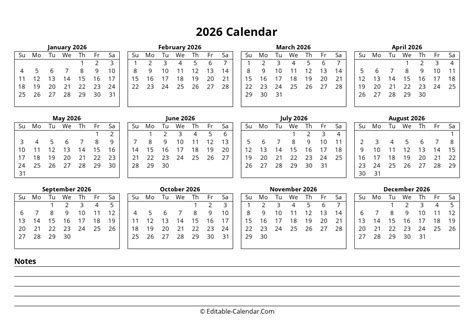 Free 2026 Printable Calendar With Notes