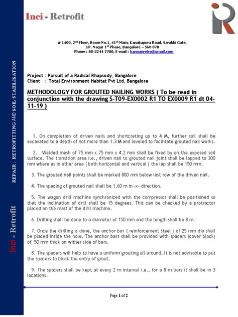 Method Statement R1 Grouting Nailing Pdf Concrete Civil Engineering