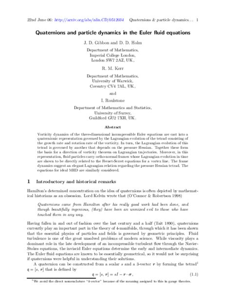 Pdf Quaternions And Particle Dynamics In The Euler Fluid Equations