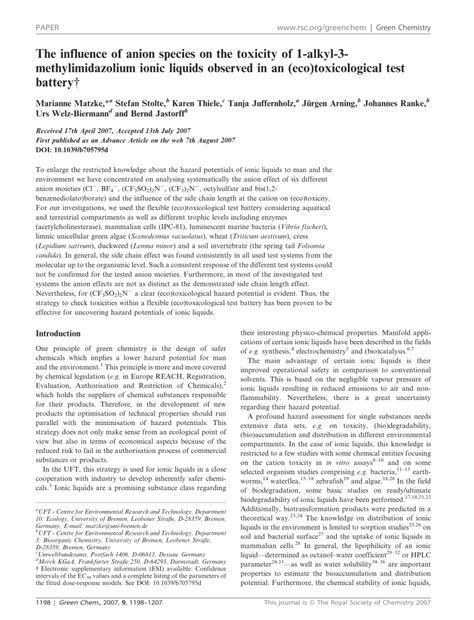 Pdf The Influence Of Anion Species On The Toxicity Of Ionic Liquids