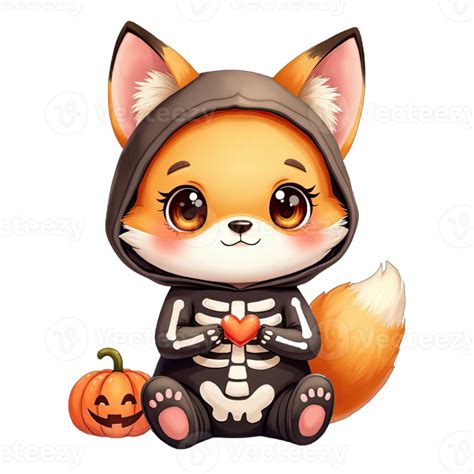 Cute Fox In Skeleton Costume Holding Heart Cartoon Halloween Illustration 50764935 Png