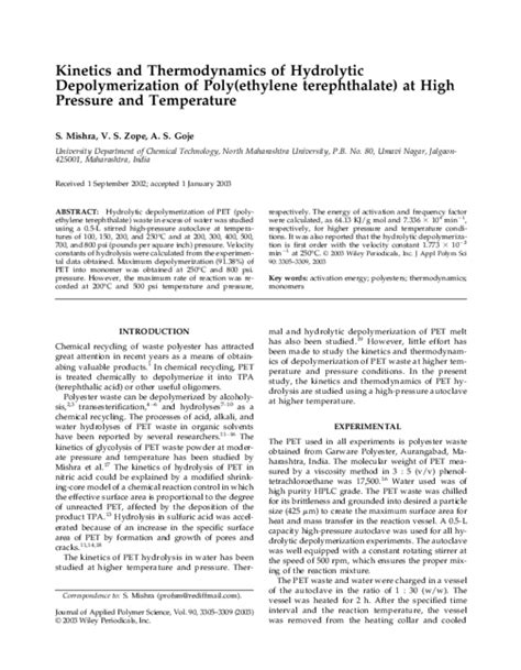 Pdf Kinetics And Thermodynamics Of Hydrolytic Depolymerization Of Poly Ethylene Terephthalate