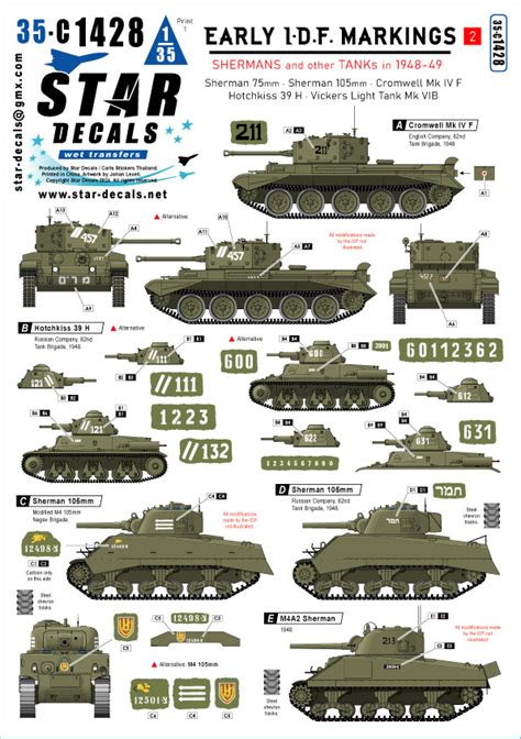 Early Idf 2 Israel 1948 49 Tanks Star Decals 35 C1428