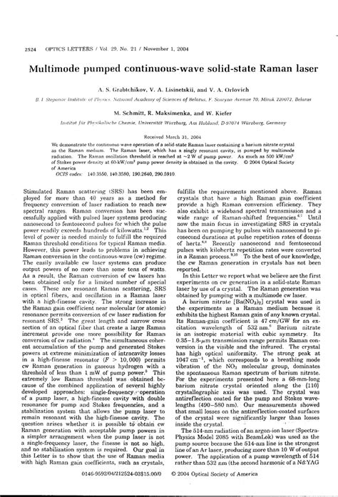 Pdf Multimode Pumped Continuous Wave Solid State Raman Laser