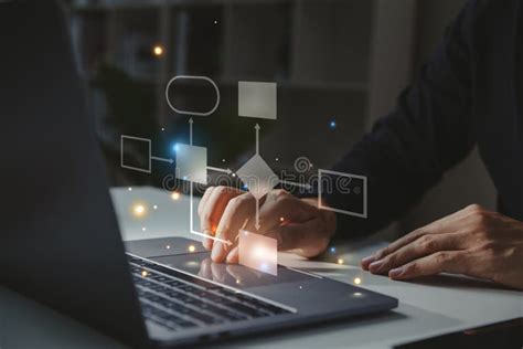 Businessman Using Laptop With Process Flowchart Stock Image Image Of Computer Organigram