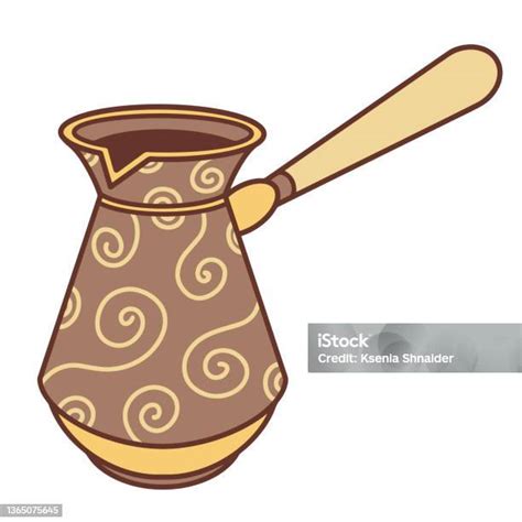 터크 색 벡터 아이콘 흰색 배경에 격리 된 손으로 그린 그림 커피를 양조하기위한 나무 손잡이가있는 금속 냄비 아메리카노 에스프레소 라떼 주방 도구 플랫 만화 스타일 갈색에
