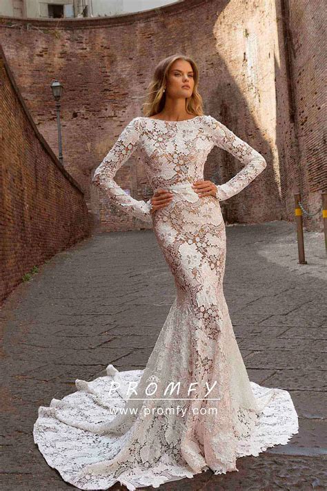 Sexy Sheer Floral Lace Long Sleeve Mermaid Wedding Dress Promfy