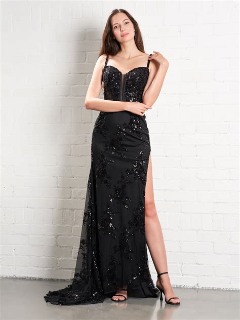 Lucille Black Sequins Long Prom Dress With Slit Dlass
