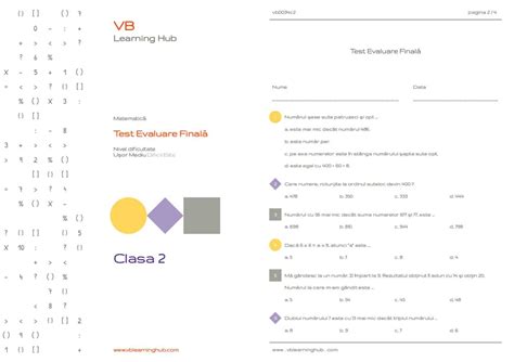 Clasa 2 Matematică Test Recapitulare Finală Ușor Mediu 4 Pagini Vb Learning Hub