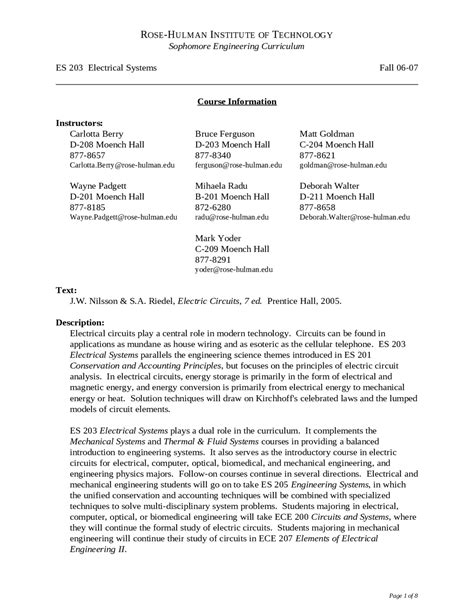 Lecture Notes On Electrical Systems Fall 2007 Es 203 Docsity