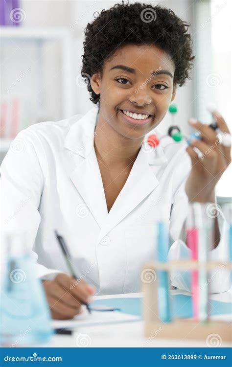 Portrait Female Scientist Holding Model Atom Stock Image Image Of