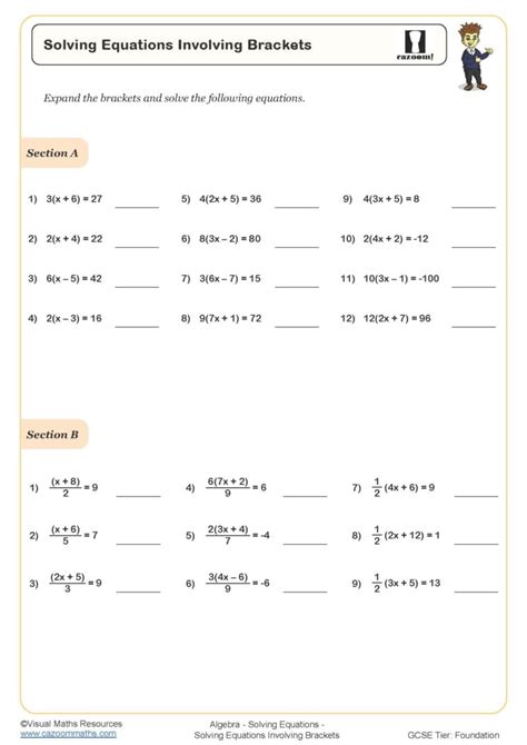 Solving Equations Involving Brackets Worksheet Cazoom Maths Worksheets