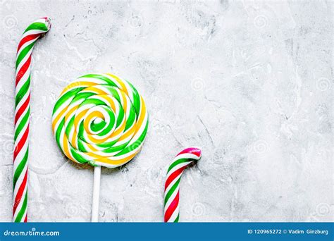 Delicious Sugar Lollipops On Gray Background Top View Space For Stock