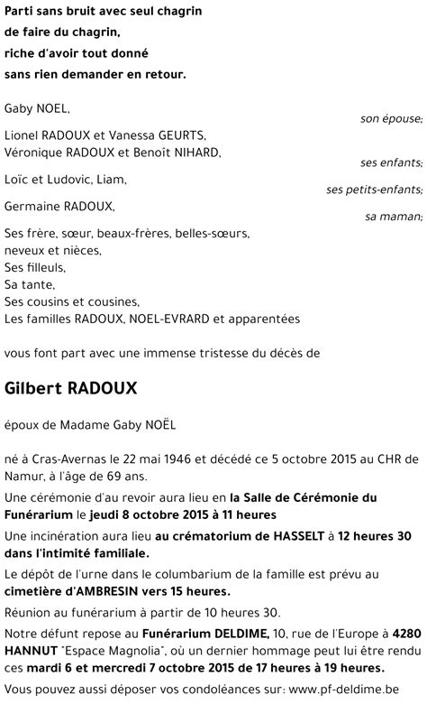 Avis De Décès De Gilbert Radoux Décédé Le 05 10 2015 à Namur Annonce Condoléances Fleurs