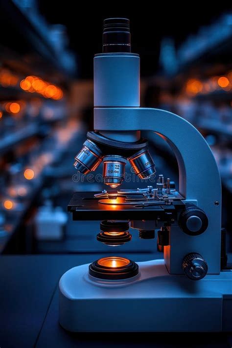 Science Microscope Standing On A Table In The Lab Medical Room With A Microscope Stock