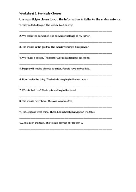 Worksheet 1docx Participle Clauses Worksheet 2 Participle Clauses