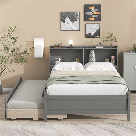 Solid Wood Platform Bed With Wooden Slats Bookcase Drawers And