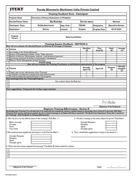 Training Feedback Form Posh 02 03 23 Bg Pdf Human Communication